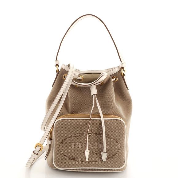 Prada | Bags | Prada Logo Drawstring Bucket Bag Canvas Brown | Poshmark